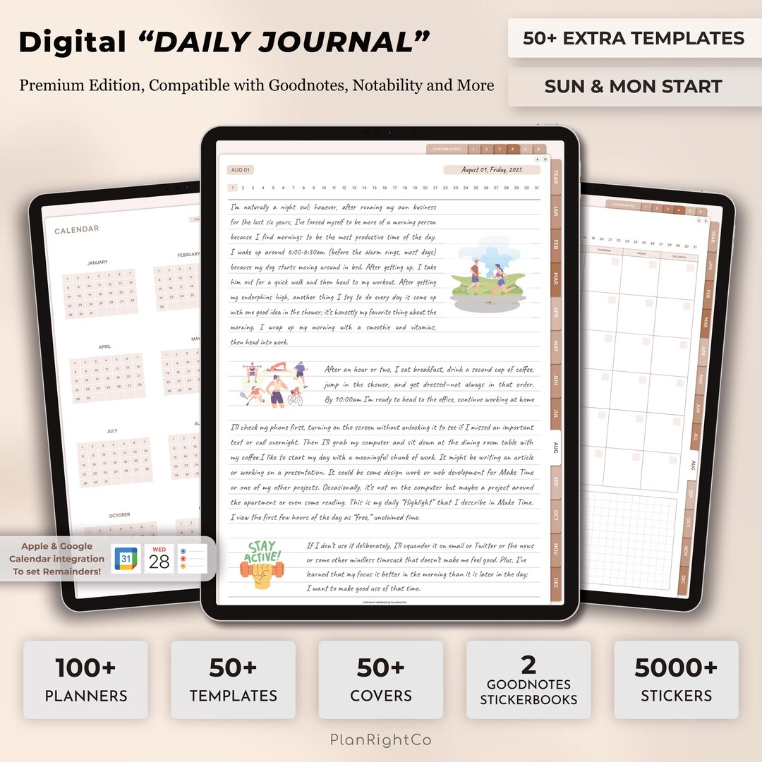 Digital Daily Journal, Goodnotes Notebook, Hyperlinked Digital Planner ...