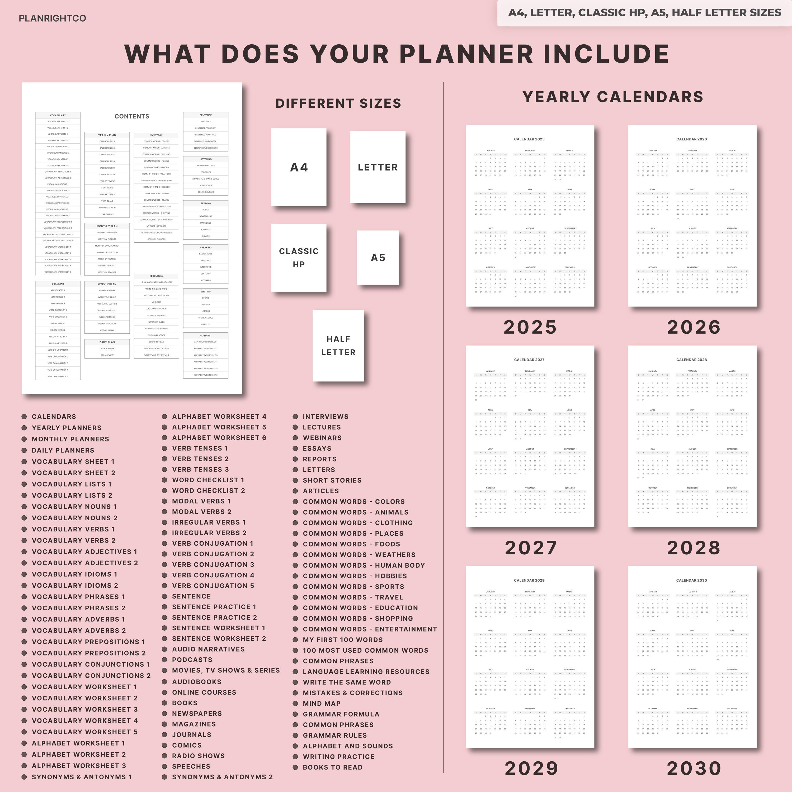 Printable Language Learning Planner Bundle, Vocabulary Grammar ...