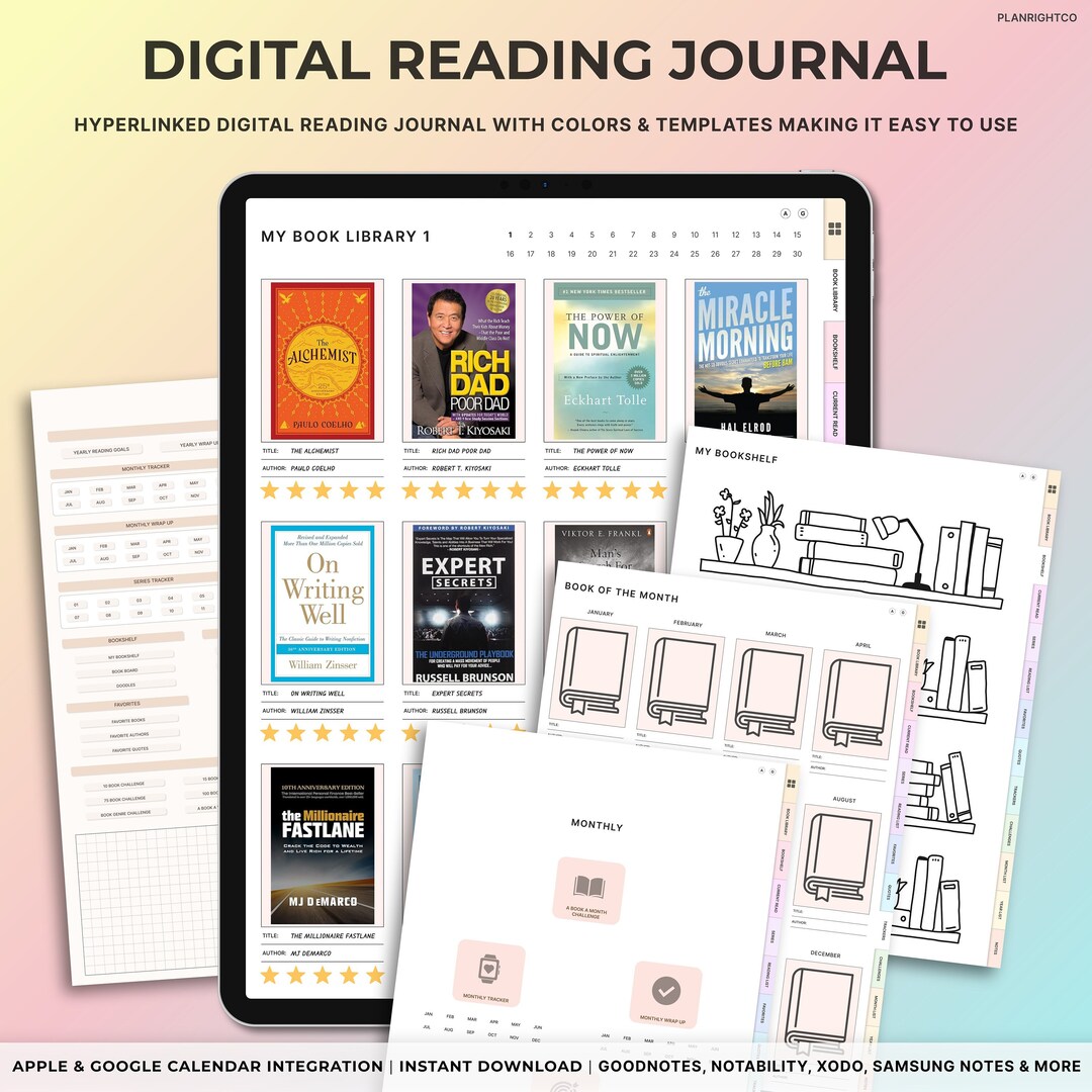 Digital Reading Planner for Goodnotes, Digital Reading Journal, Reading ...