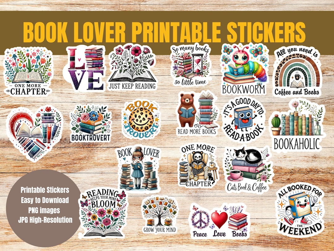 Book Lover Printable Stickers, Bookworm Stickers (digital Download) - Etsy