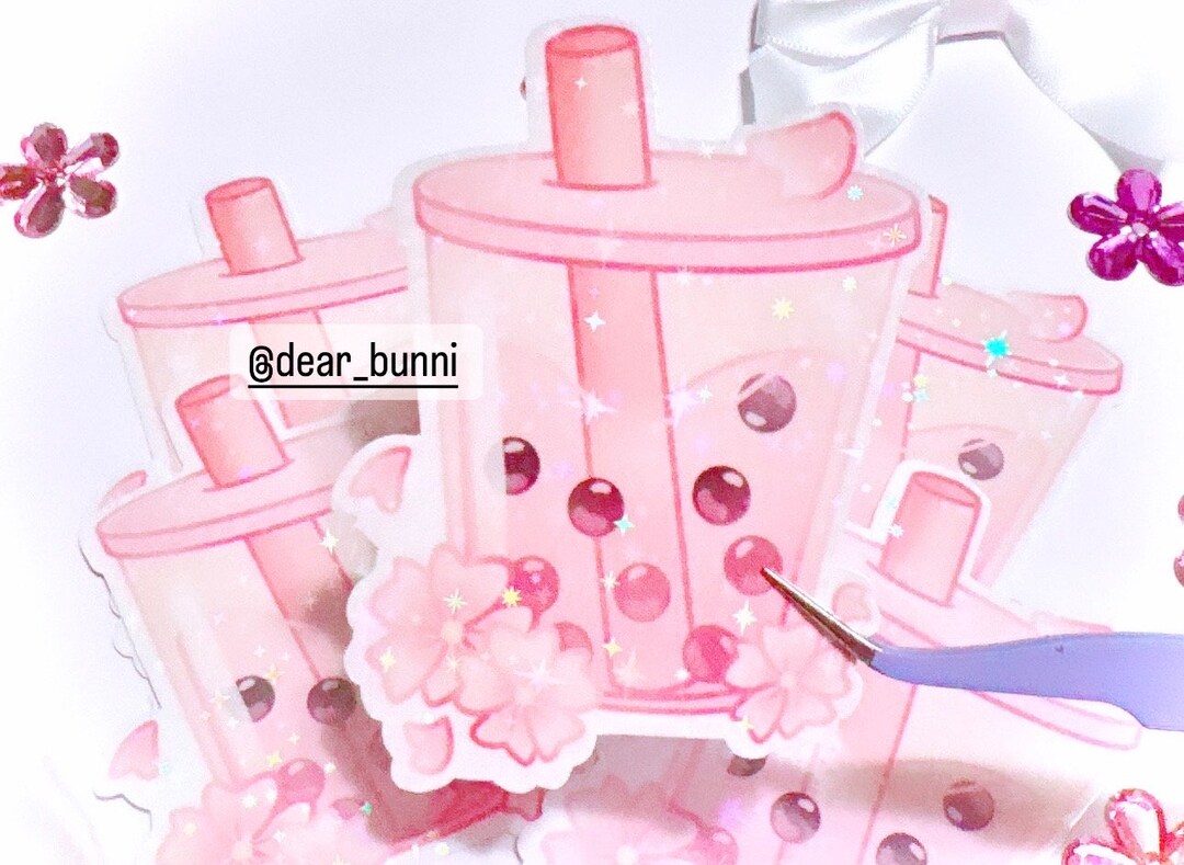 Sakura Boba Drink kawaii Floral Big Sticker 2.5 Inches Handmade Cute ...