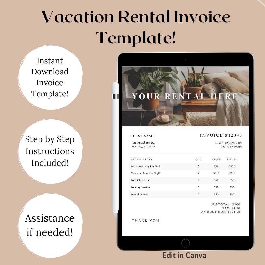 Customizable Rental Invoice Template, Informational Printable for ...