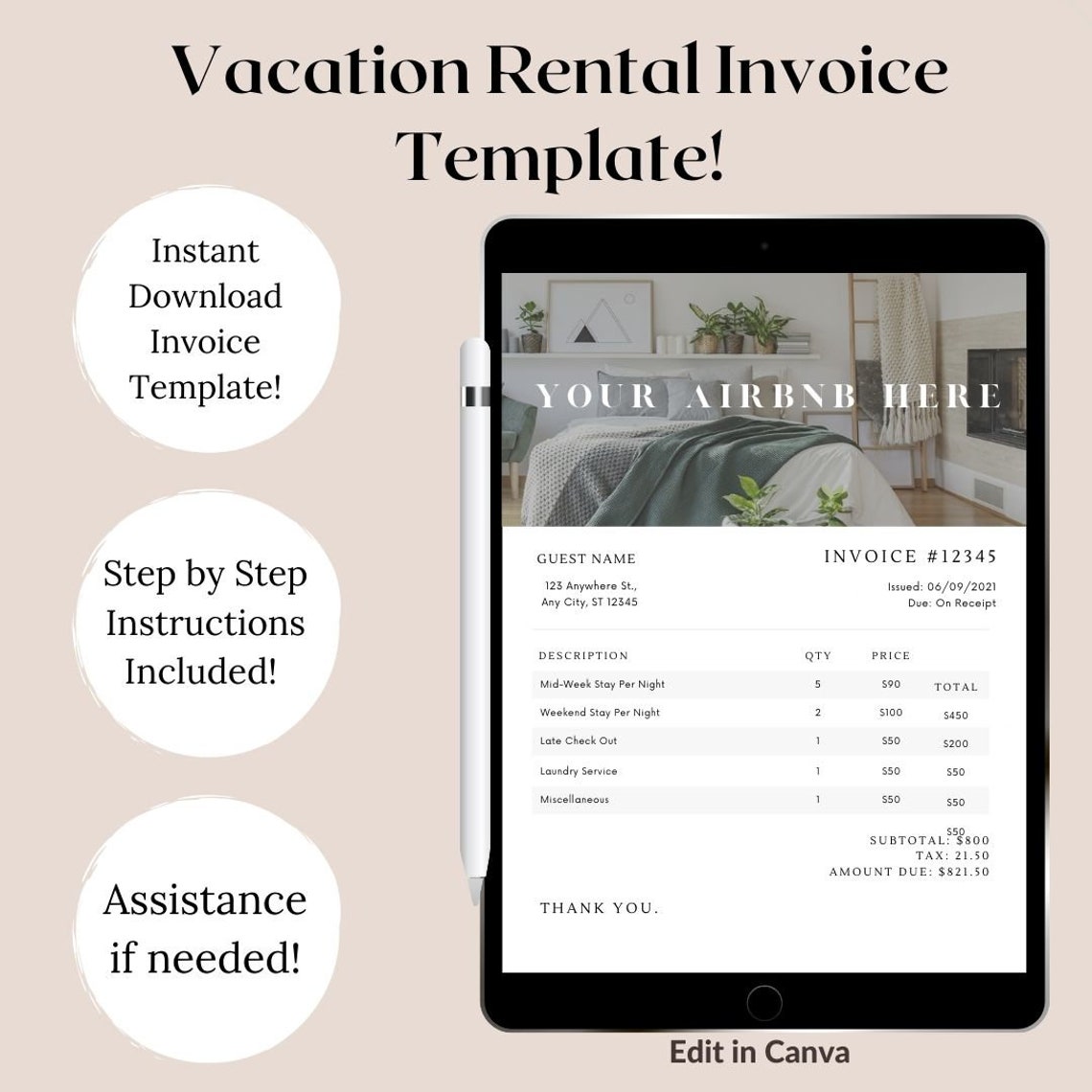 Customizable Airbnb Invoice Template, Informational Printable for VRBO ...