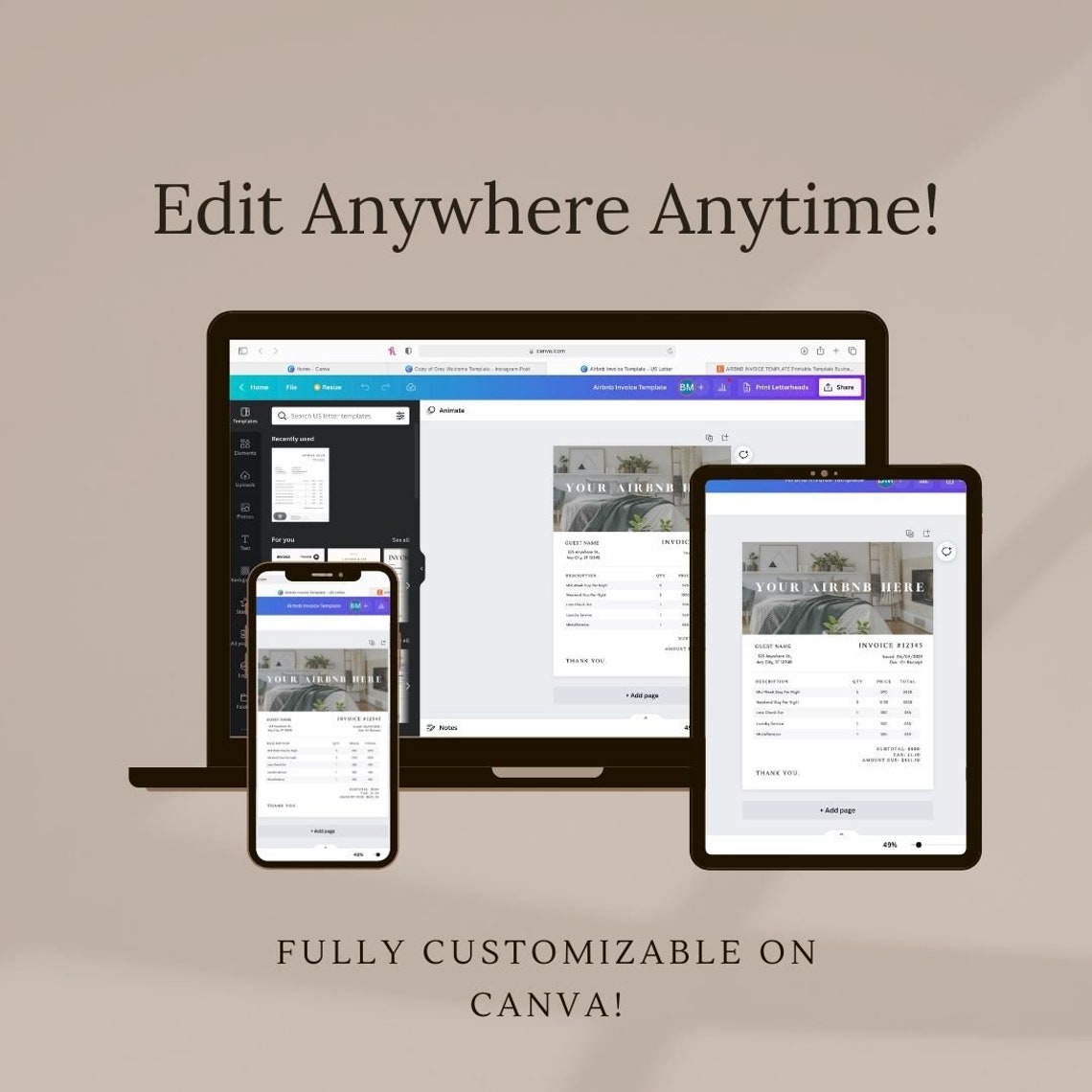 Customizable Airbnb Invoice Template, Informational Printable for VRBO ...
