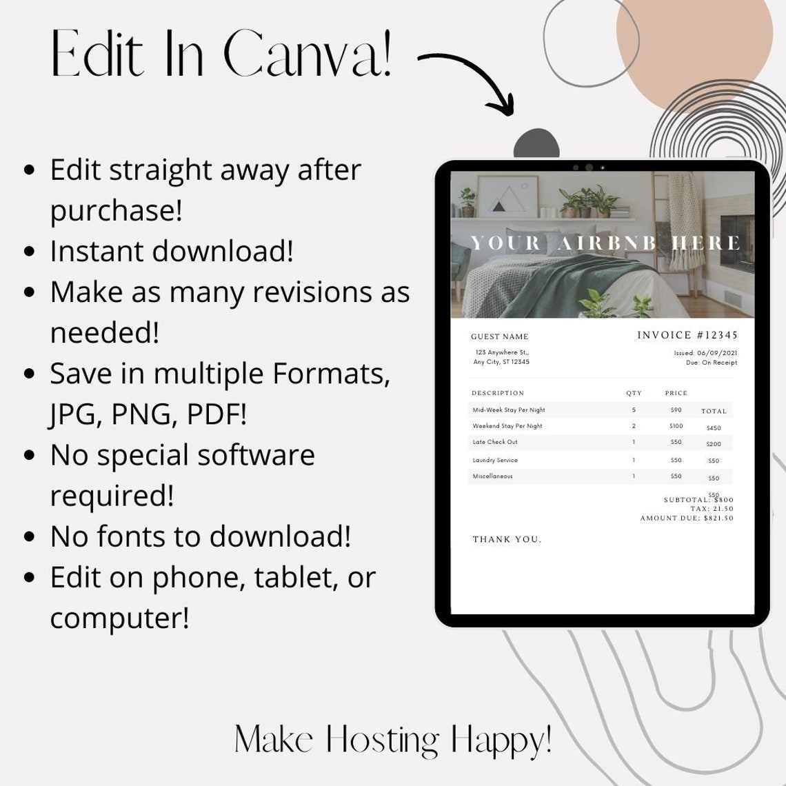 Customizable Airbnb Invoice Template, Informational Printable for VRBO ...