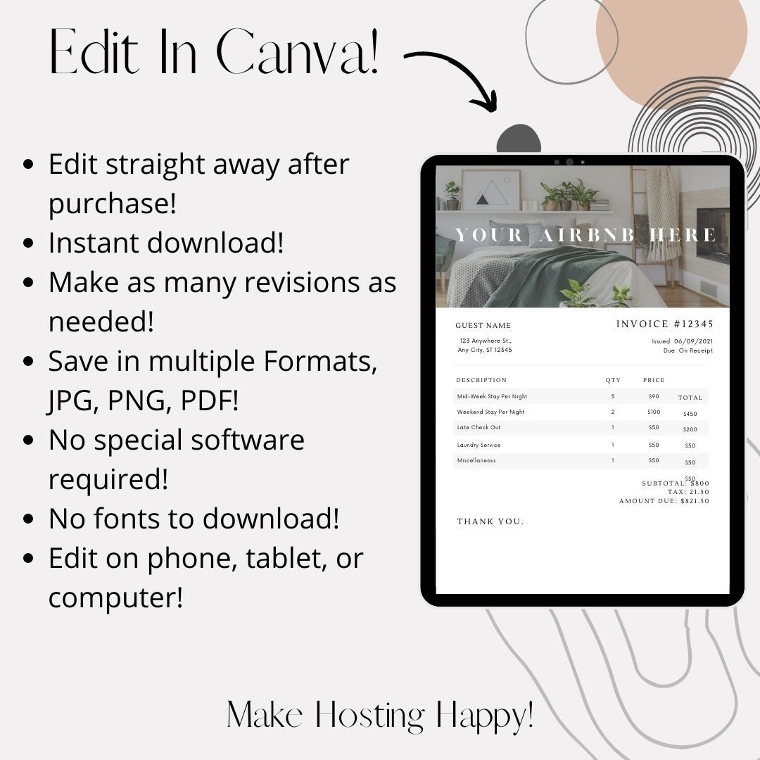 Customizable Airbnb Invoice Template, Informational Printable for VRBO ...