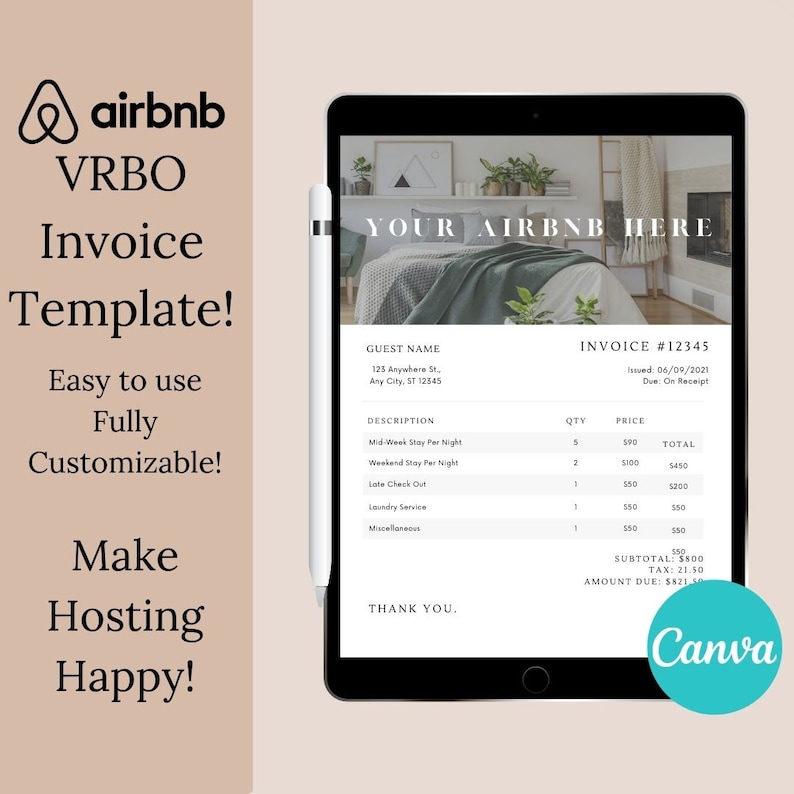 Customizable Airbnb Invoice Template, Informational Printable for VRBO ...