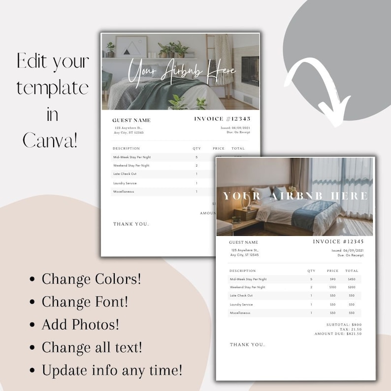 Customizable Airbnb Invoice Template, Informational Printable for VRBO ...