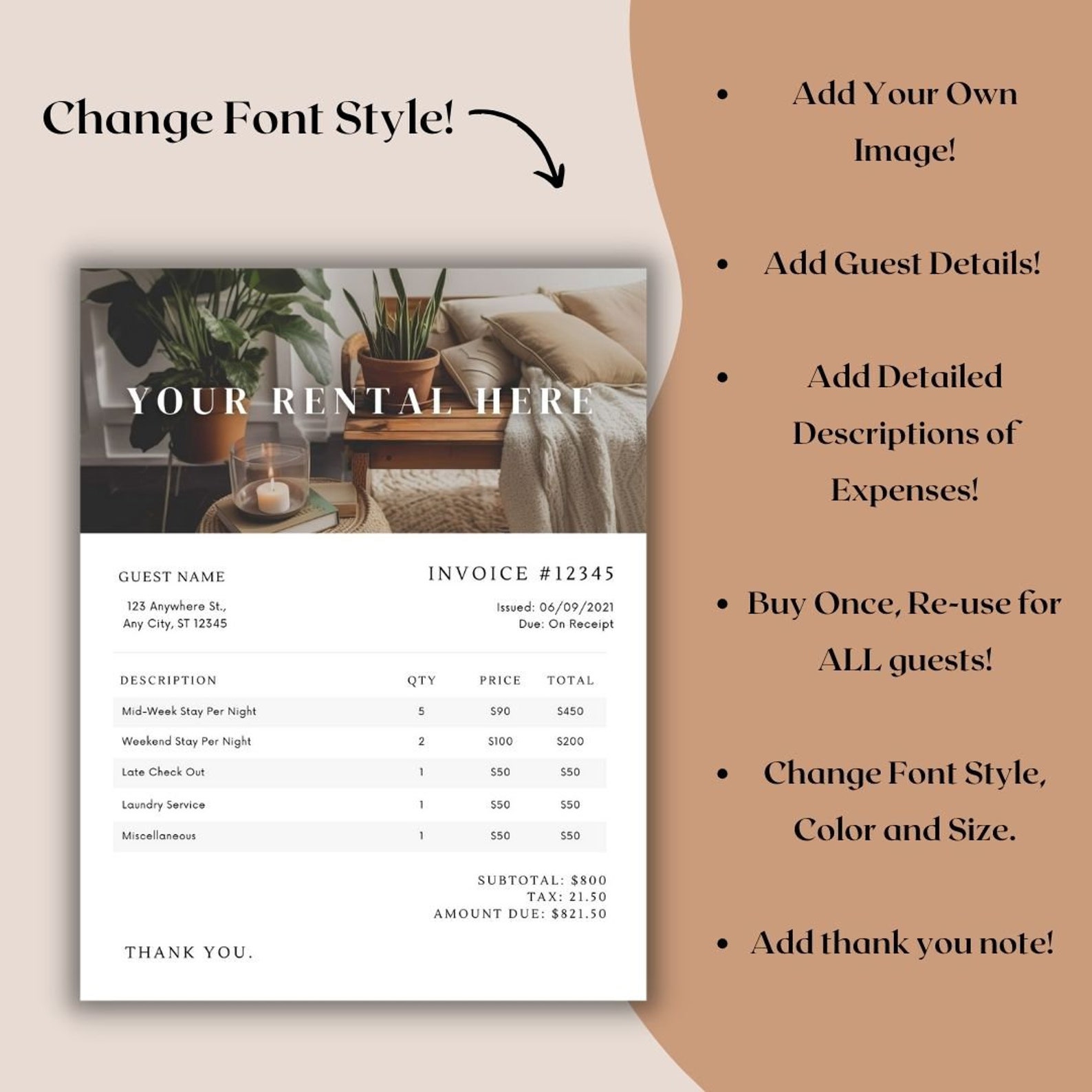 Customizable Rental Invoice Template, Informational Printable for ...