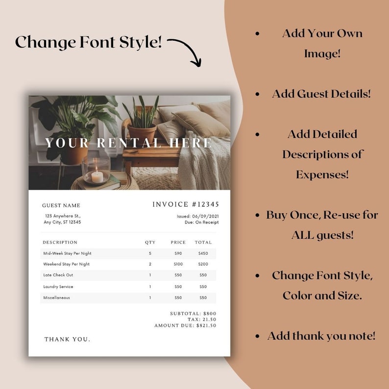 Customizable Rental Invoice Template, Informational Printable for ...