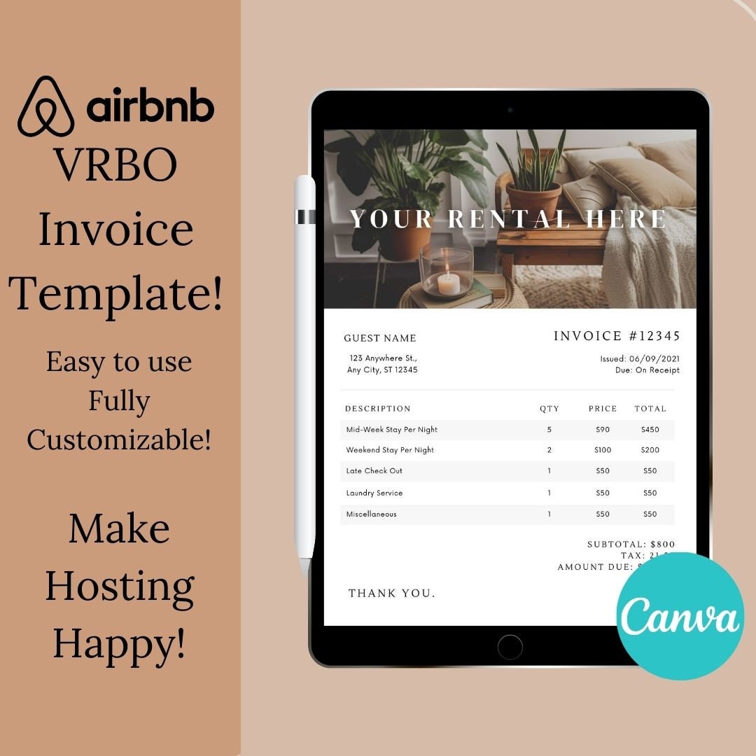 Customizable Rental Invoice Template, Informational Printable for ...