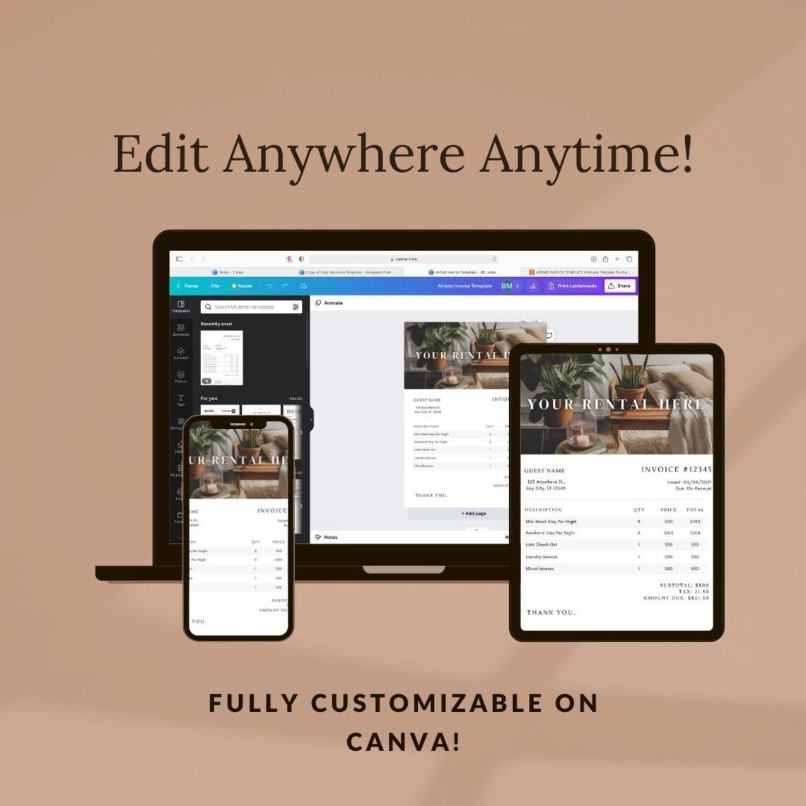 Customizable Rental Invoice Template, Informational Printable for ...