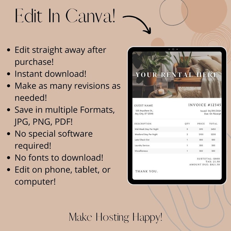 Customizable Rental Invoice Template, Informational Printable for ...