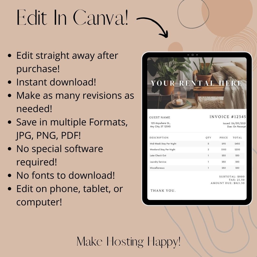 Customizable Rental Invoice Template, Informational Printable for ...