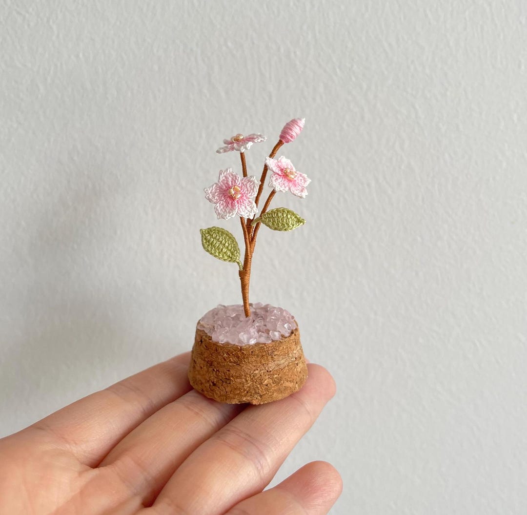 Micro Crochet Cherry Blossoms Glass Dome Miniature Sakura Tiny Decor ...