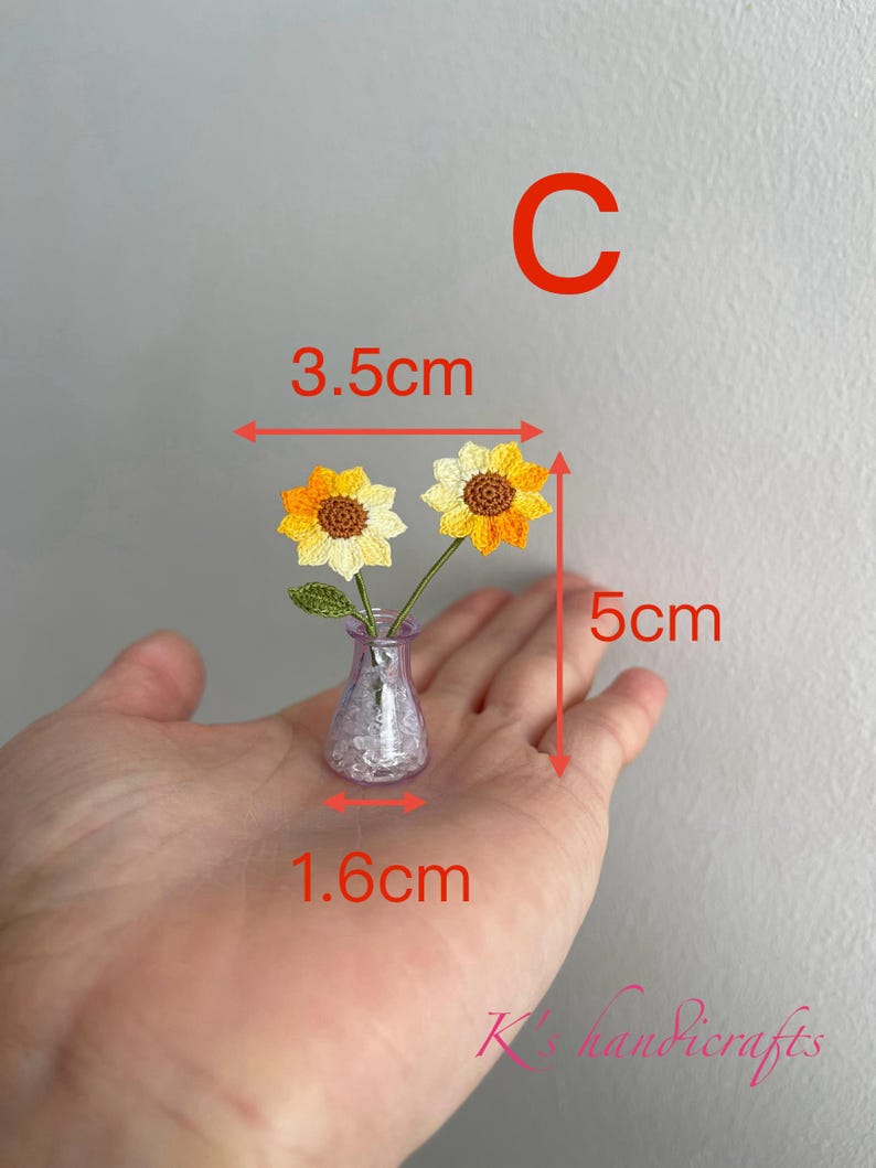 Micro Crochet Sunflowers in Glass Vase: Miniature Dollhouse Floral ...