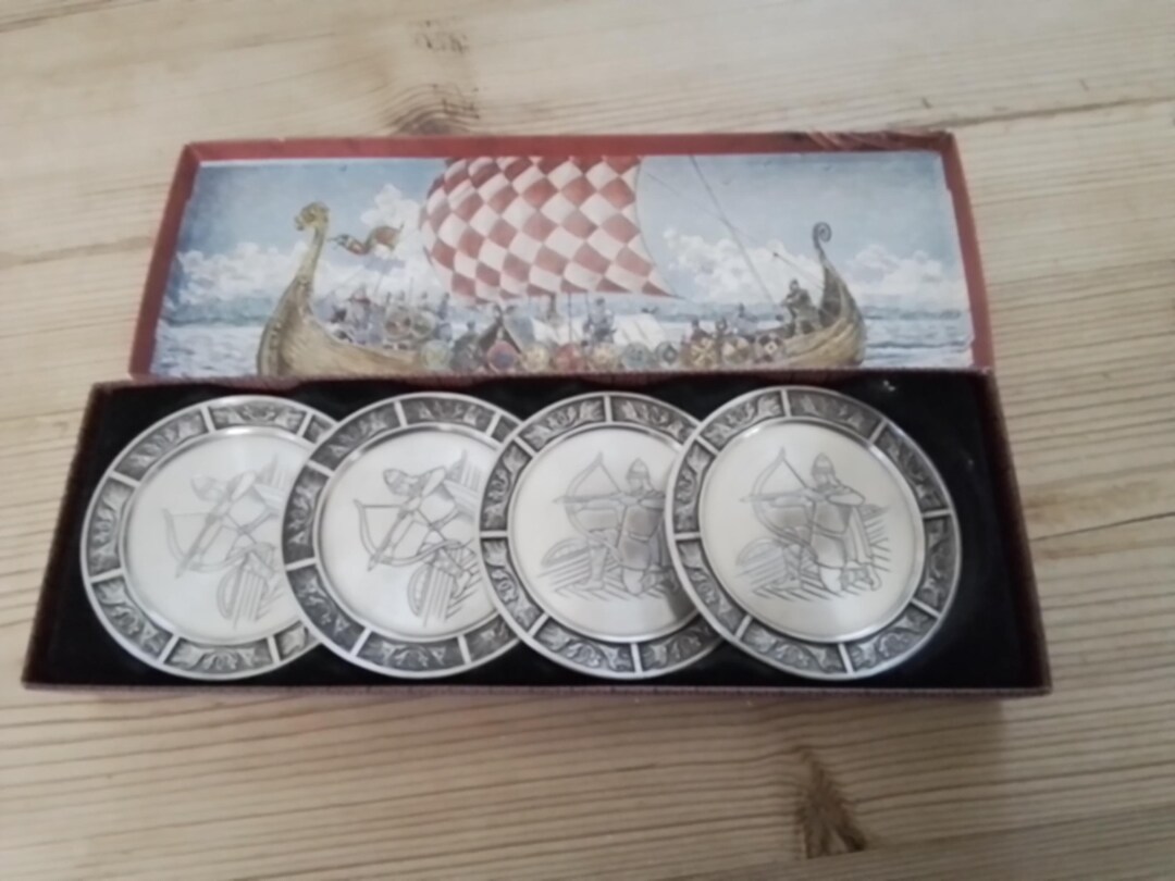 Vintage Konge Tinn Pewter Set of 4 Coasters in Original Box. Royal ...