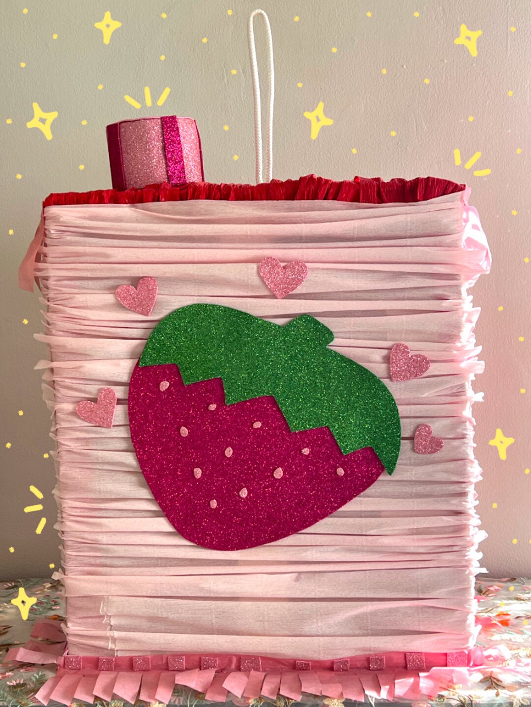 Strawberry Juice Piñata 3D Pinata Handmade Strawberry Cute Pinatas Pink ...
