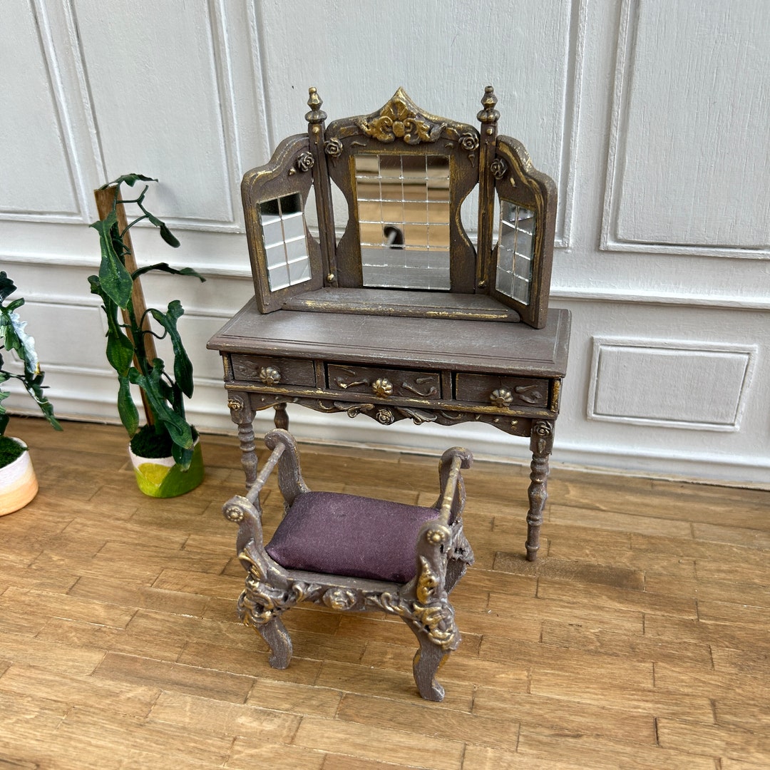 Handmade Miniature Vanity Set in Lilac With Silver Ornaments, Includes ...