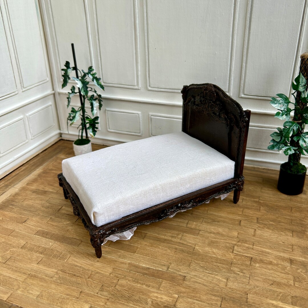 Vintage Miniature Bed, Handmade From Wood With Carved Details and ...