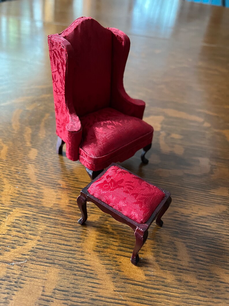 Red Brocade Wing Chair and Ottoman 1:12 Scale - Etsy