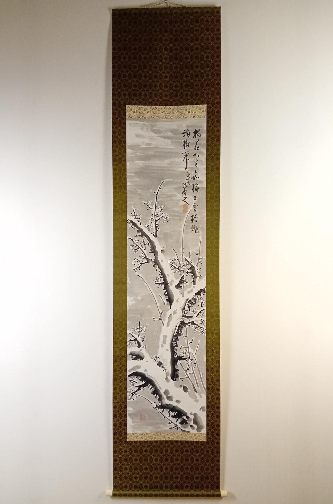 Vintage Japanese Hanging Scroll With Wooden Box – Snow Plum Blossom Ink ...