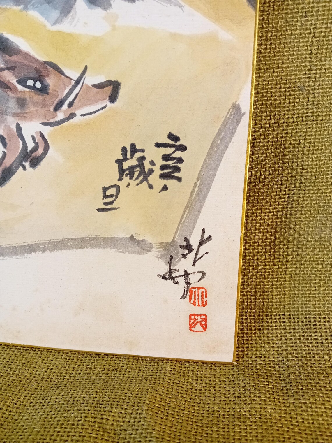 Vintage Shōwa Japanese Watercolor Shikishi – Boar Ema and Plum Blossoms ...