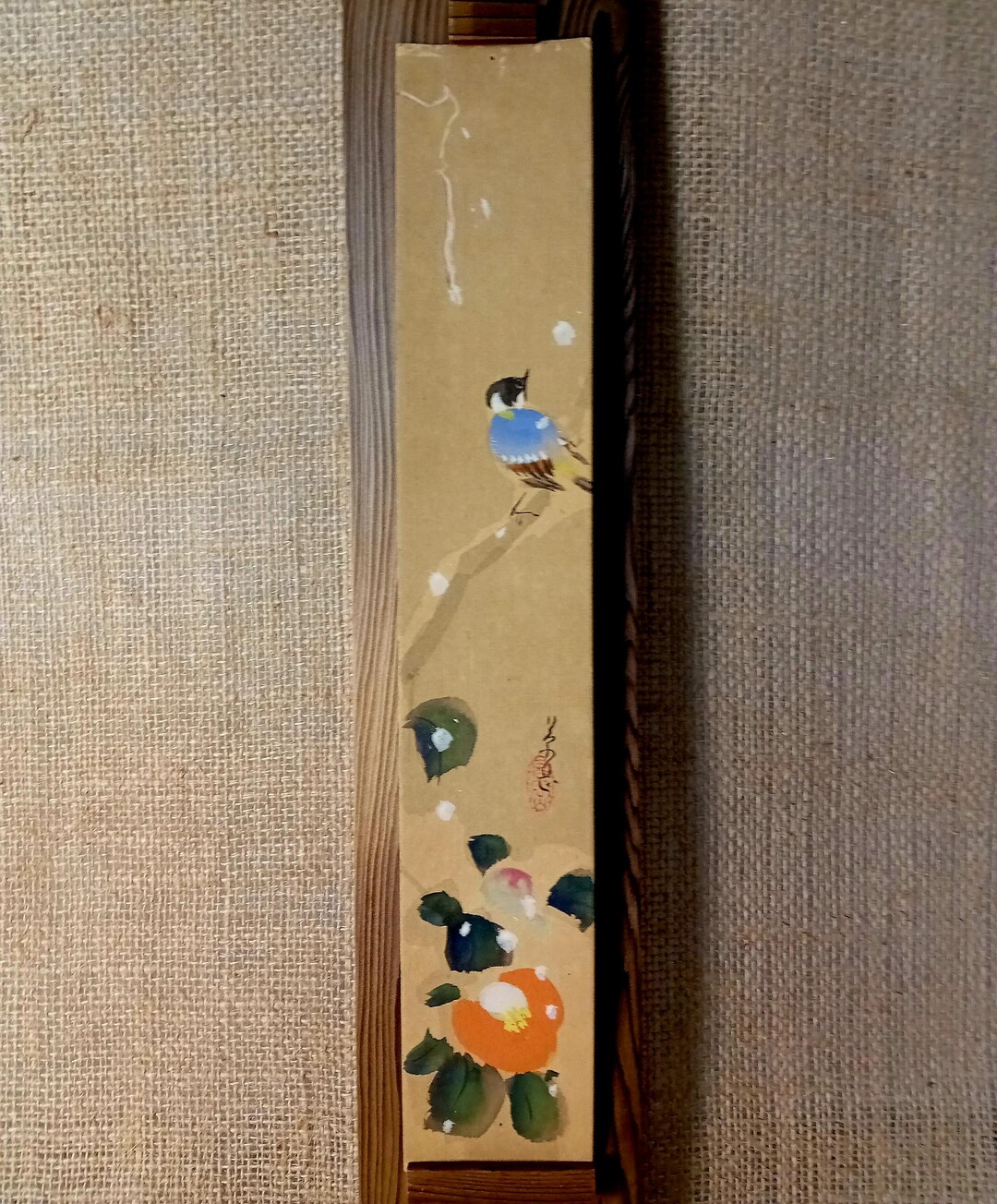 Antique Japanese Silk Tanzaku Painting With Bird and Flower, Taisho ...