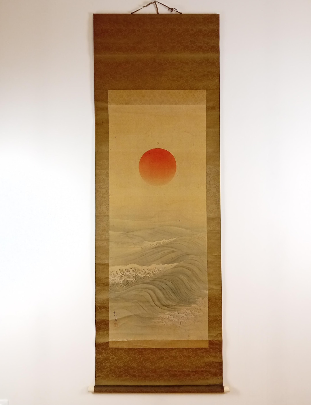 Antique Japanese Scroll, Sumi-e, Sea Waves, Ink Painting on Silk ...