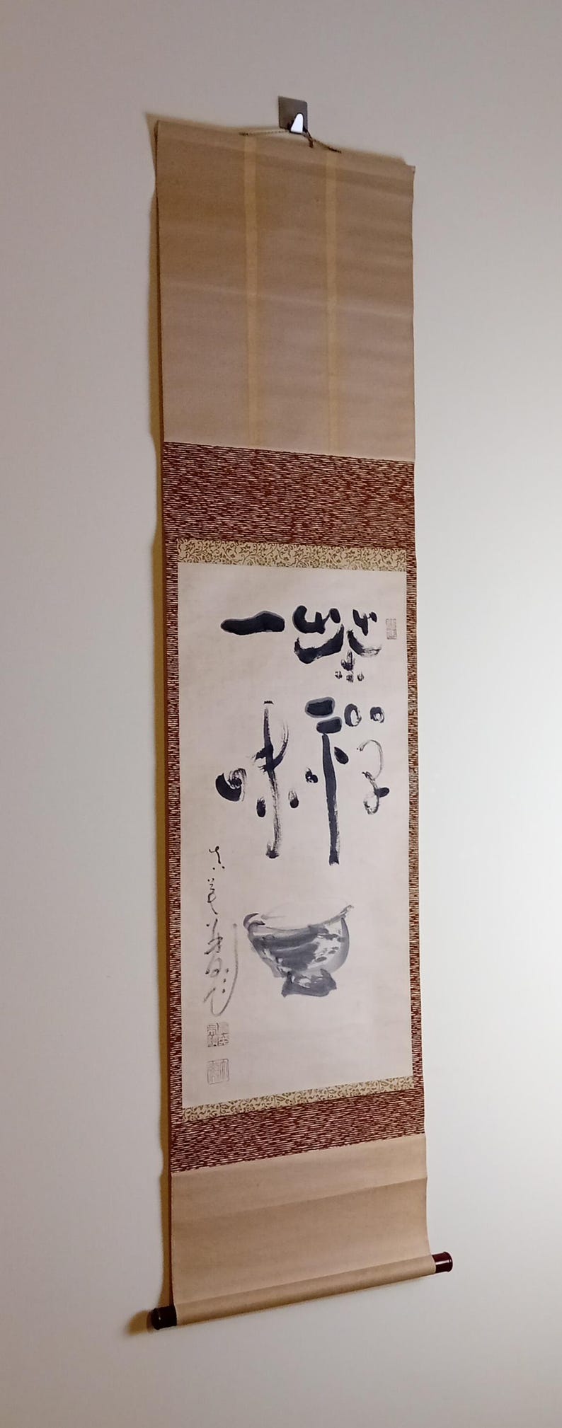 Zen Scroll “one Bowl of Tea” (一碗茶), Japanese Ink Kakemono (kakejiku ...