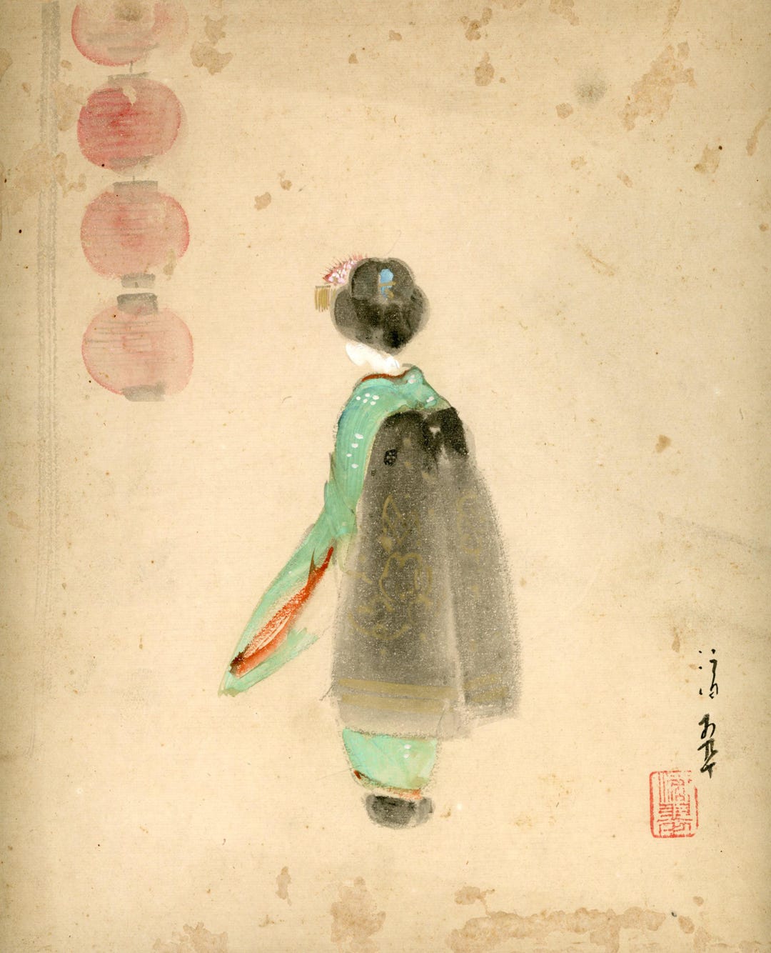 Antique Japanese Sumi-e, Ukiyo-e, Original Painting, Edo-meiji, Ink ...