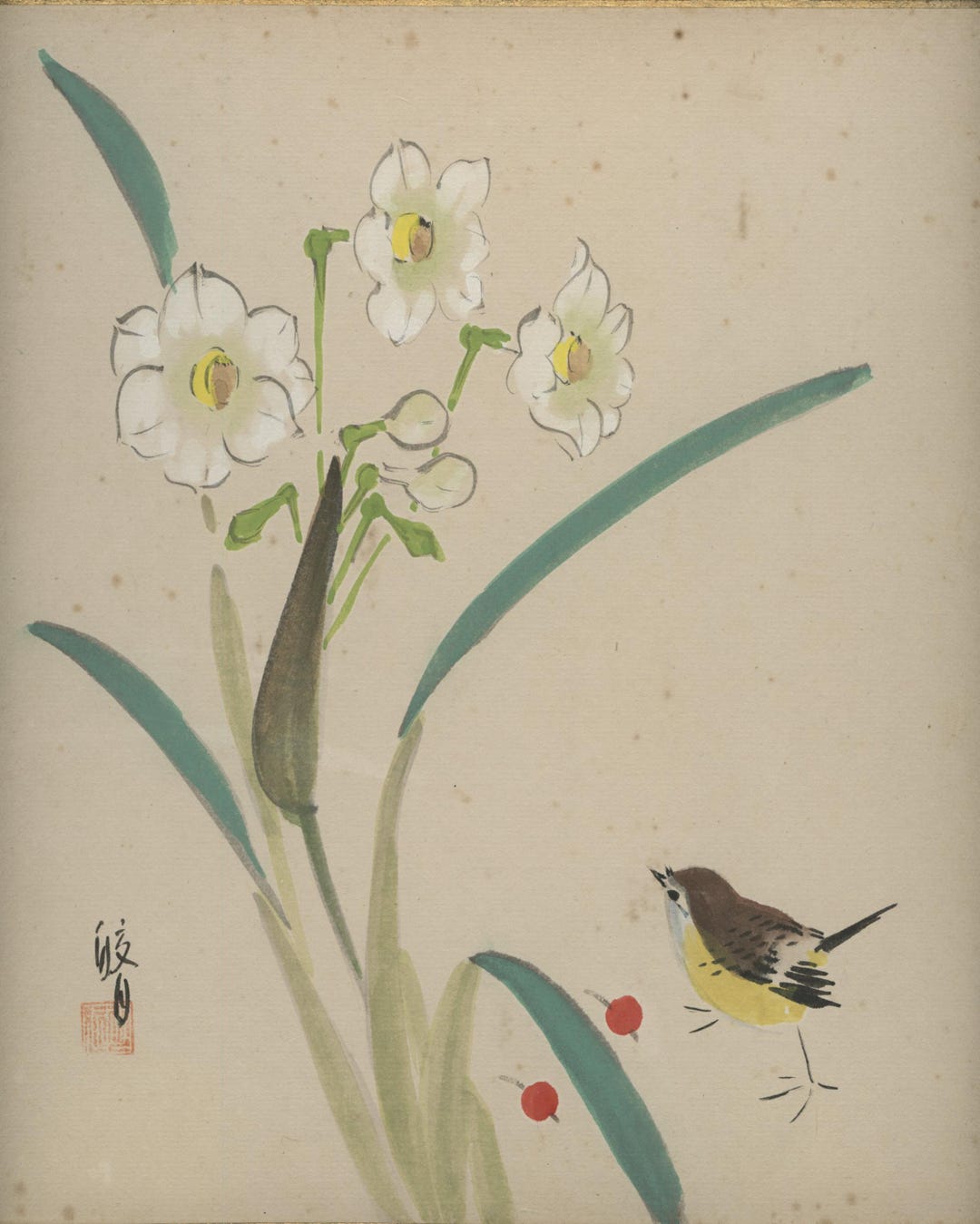 Vintage Japanese Shikishi Art Board – Bird & Narcissus Flowers – Signed ...