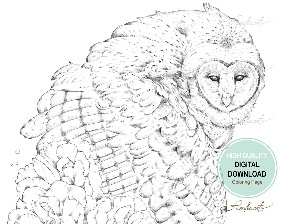 Owl Roses Coloring Page Digital Download, Coloring for Adults, Animal ...
