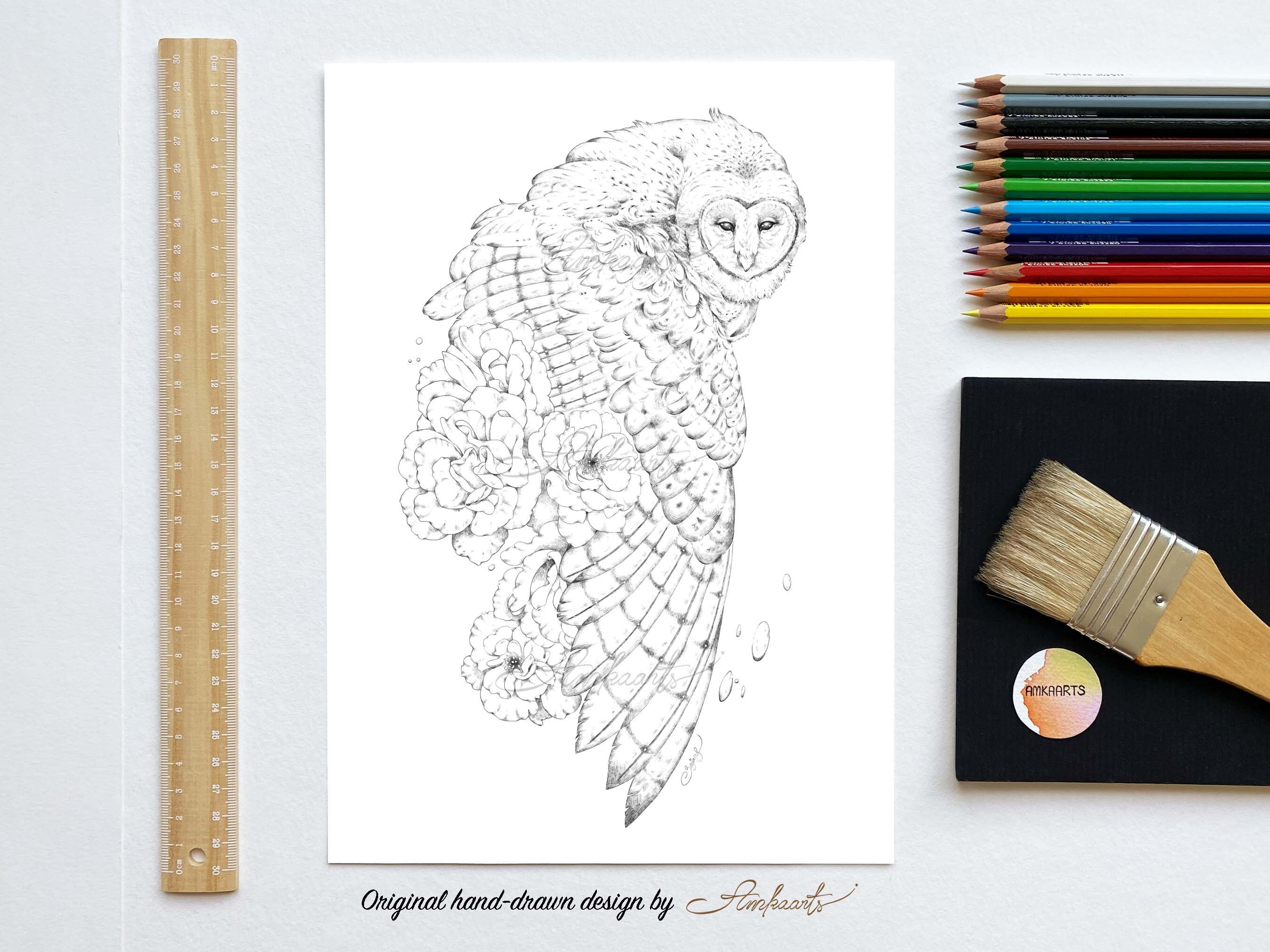 Owl Roses Coloring Page Digital Download, Coloring for Adults, Animal ...