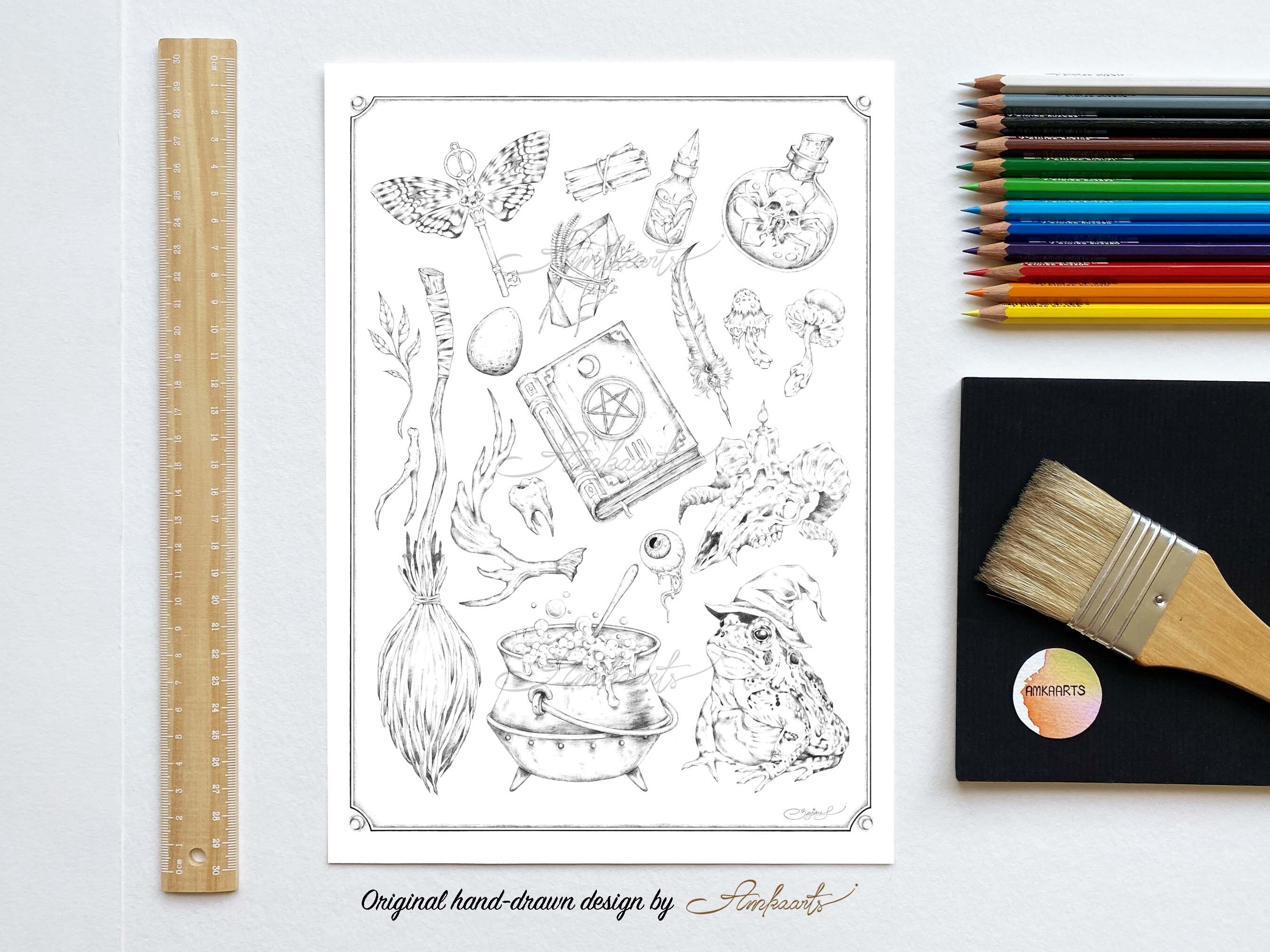 The Witch Items Coloring Page for Adults and Kids Printable, Coloring ...