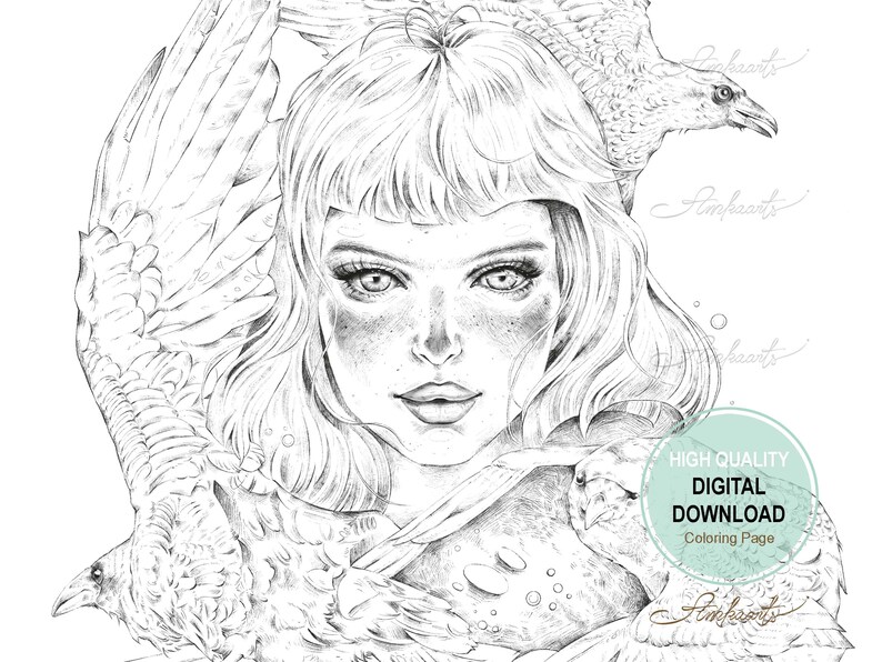 Crow Lady Coloring Page Digital Download Coloring for Adults - Etsy