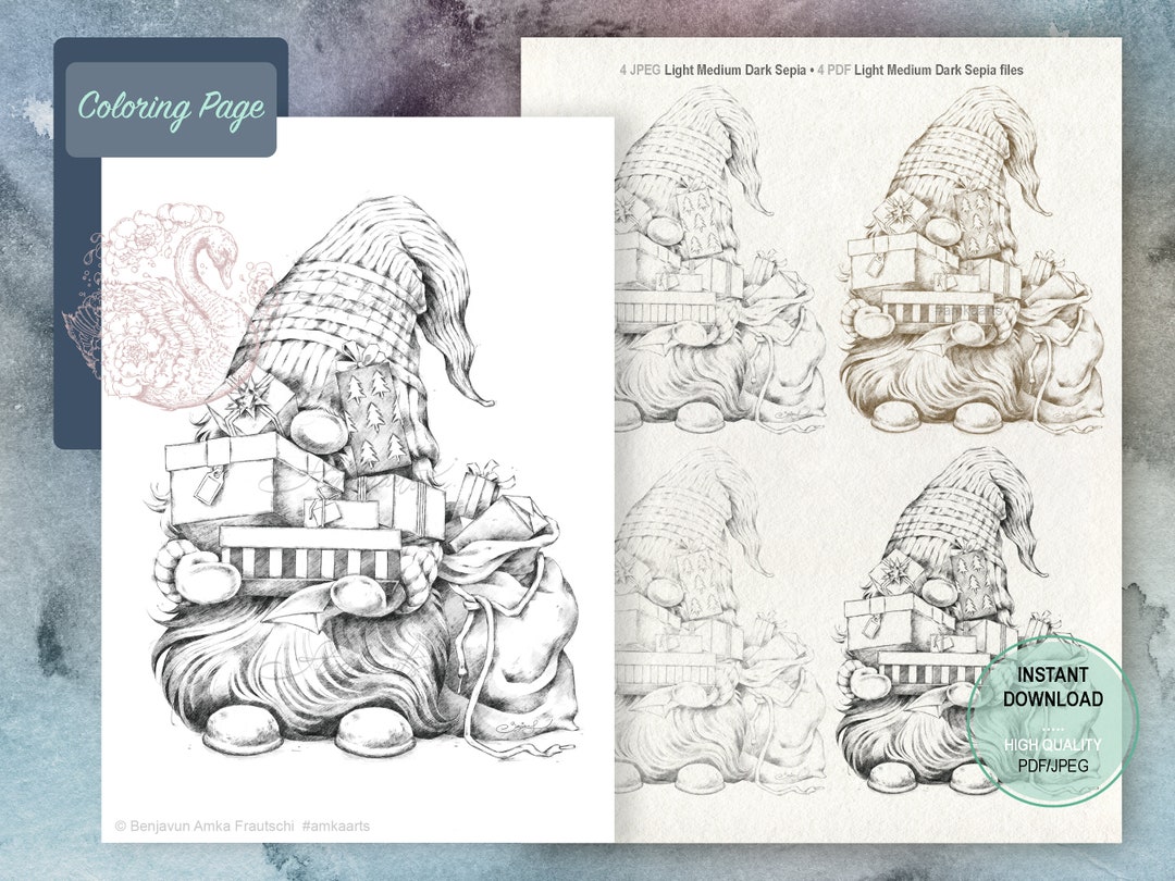 Christmas Gnome and the Santa Gifts Coloring Page for Adults and Kids ...