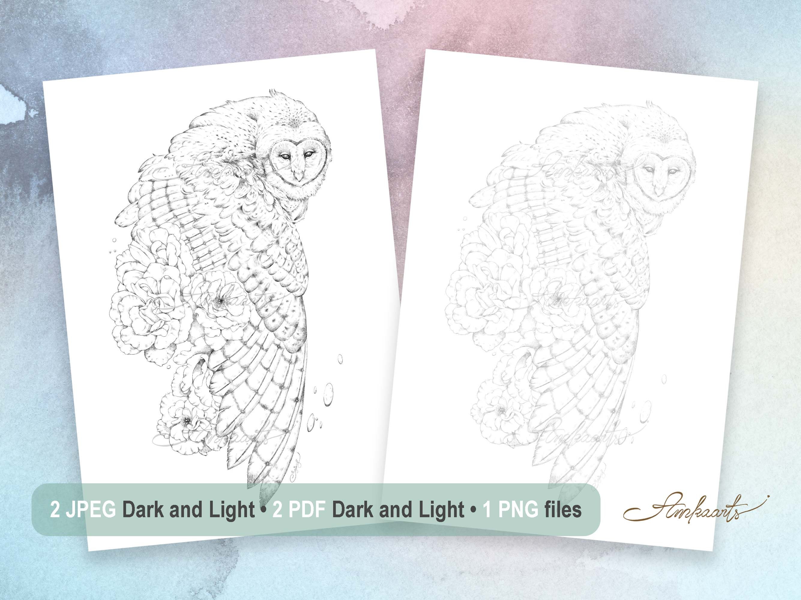 Owl Roses Coloring Page Digital Download, Coloring for Adults, Animal ...