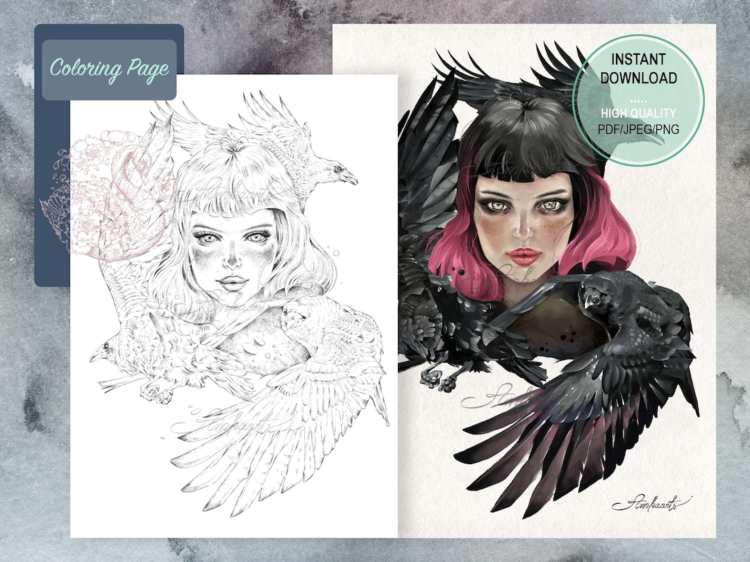 Crow Lady Coloring Page Digital Download, Coloring for Adults, Raven ...