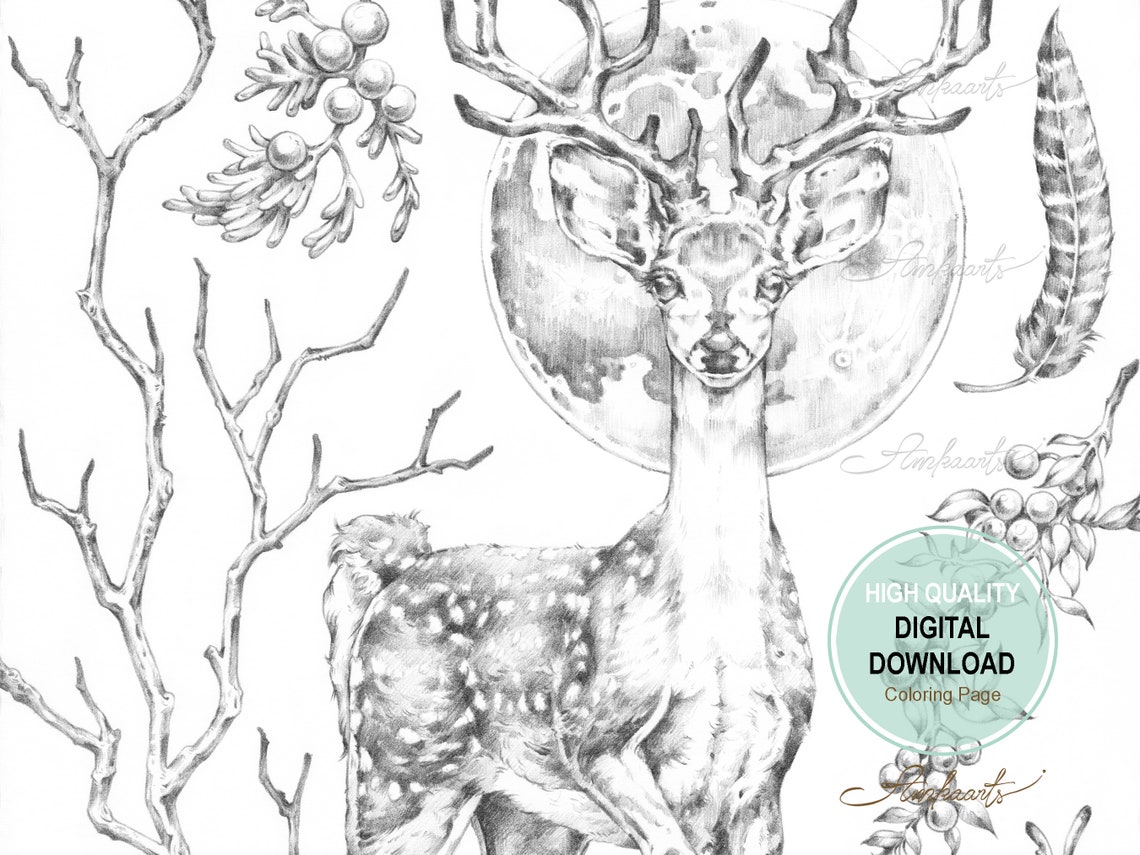 The Winter Deer Colouring Page for Adults and Kids Printable, Colouring ...