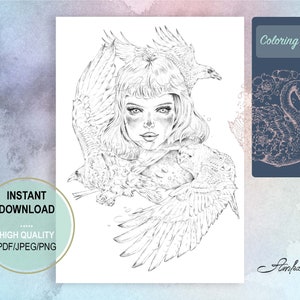 Crow Lady Coloring Page Digital Download, Coloring for Adults, Raven ...