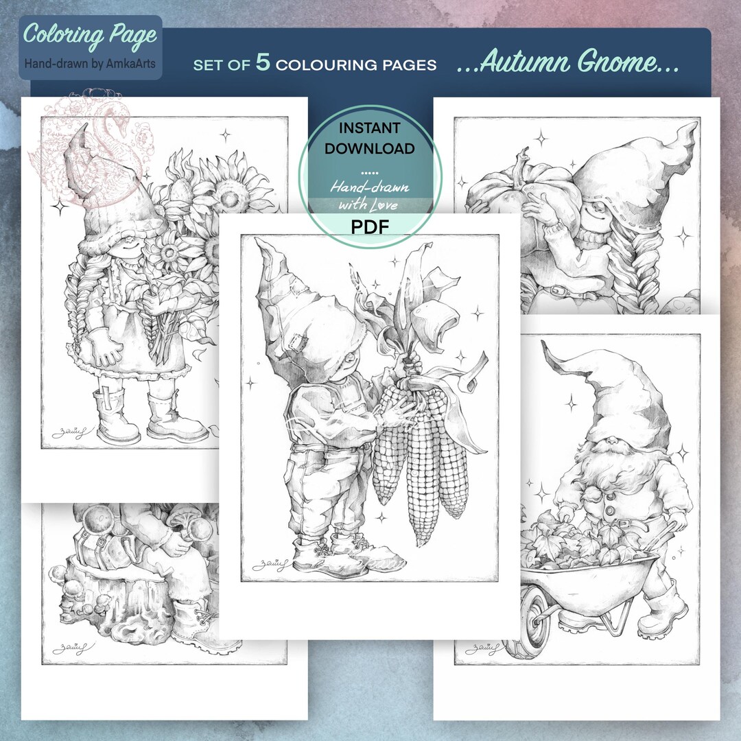Autumn Gnome Coloring Pages | Hand-drawn Fantasy Art (PDF) - Etsy