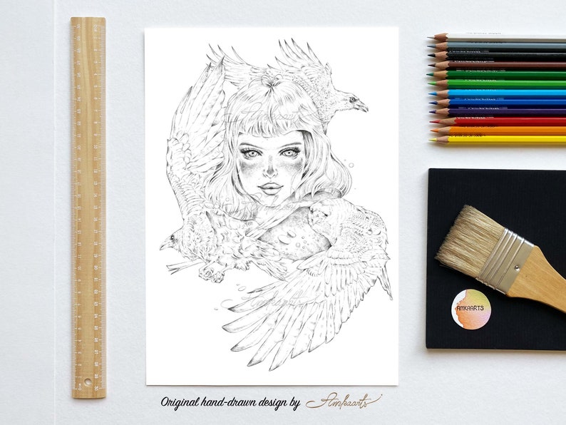 Crow Lady Coloring Page Digital Download Coloring for Adults - Etsy