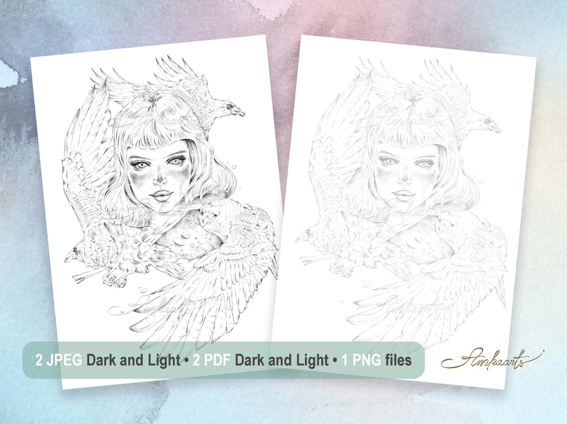 Crow Lady Coloring Page Digital Download Coloring for Adults - Etsy
