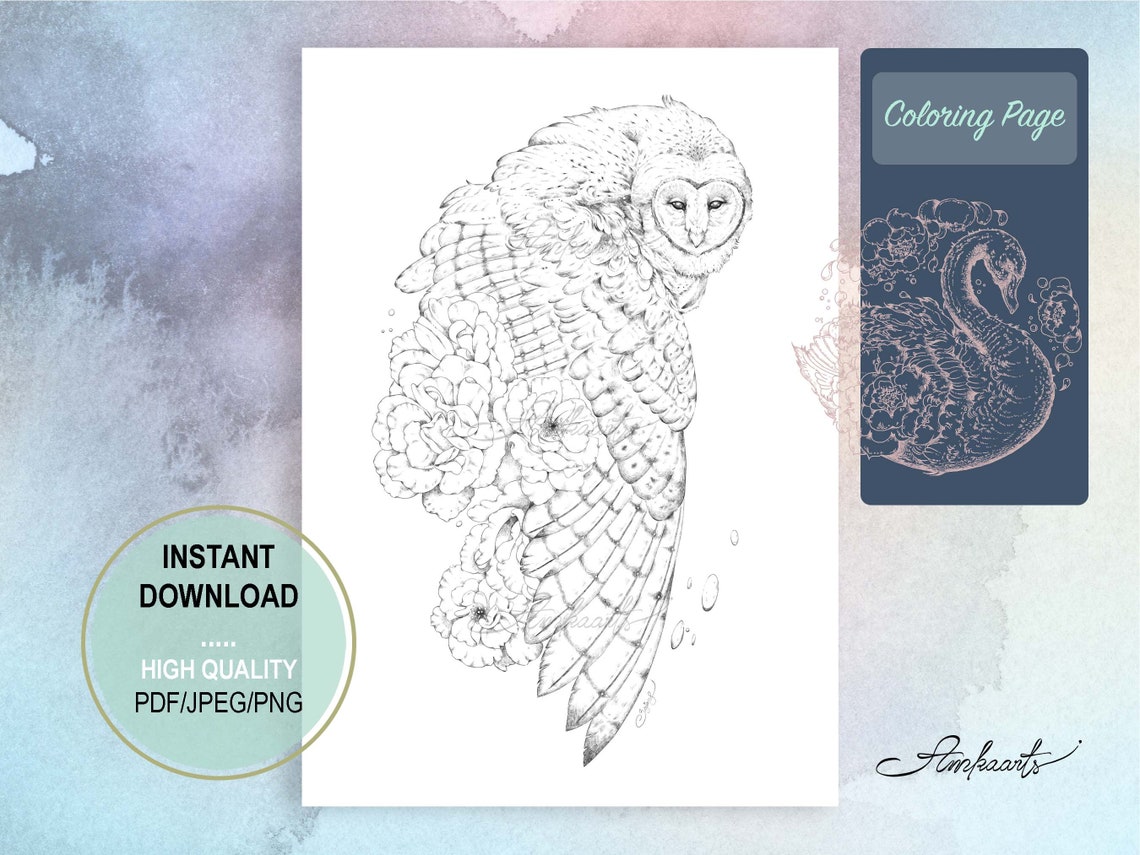 Owl Roses Coloring Page Digital Download, Coloring for Adults, Animal ...