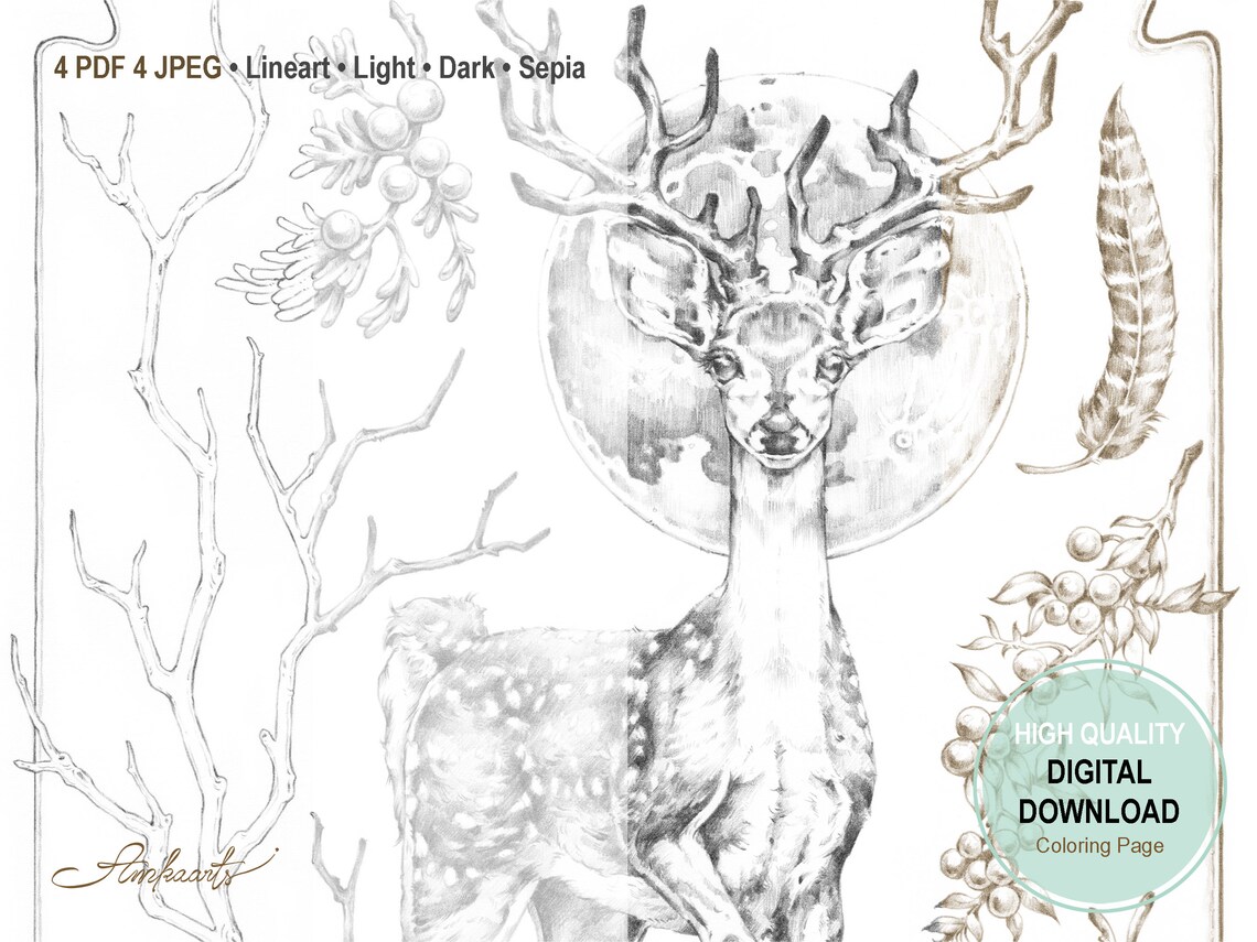 The Winter Deer Colouring Page for Adults and Kids Printable, Colouring ...