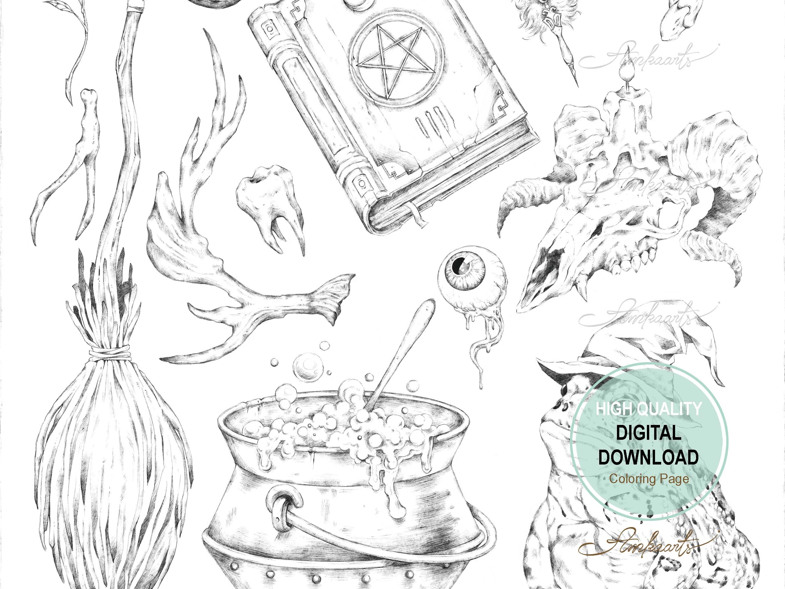 The Witch Items Coloring Page for Adults and Kids Printable, Coloring ...