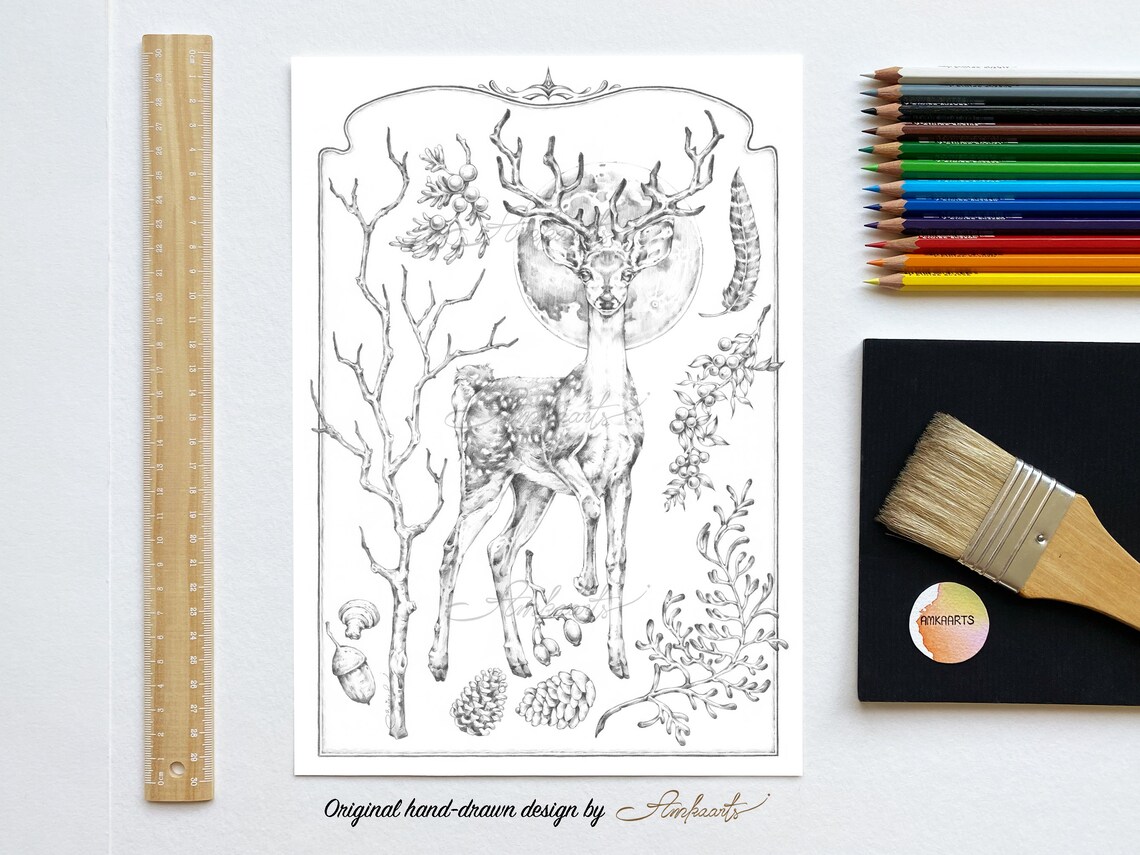 The Winter Deer Colouring Page for Adults and Kids Printable, Colouring ...