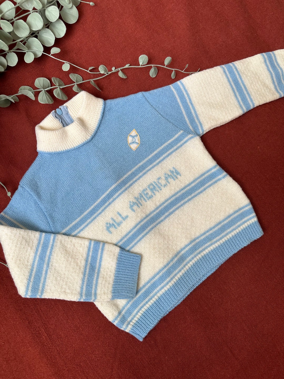 60s Vintage | Baby Blue Knit Football All American Turtleneck Sweater 9 ...