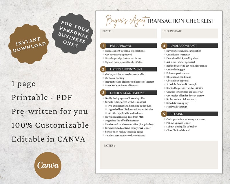 Buyer's Agent Transaction Checklist, Real Estate Buyer Transaction ...